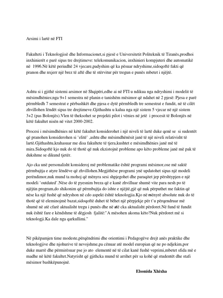 Arsimi I Lartë Në FTI PDF | PDF