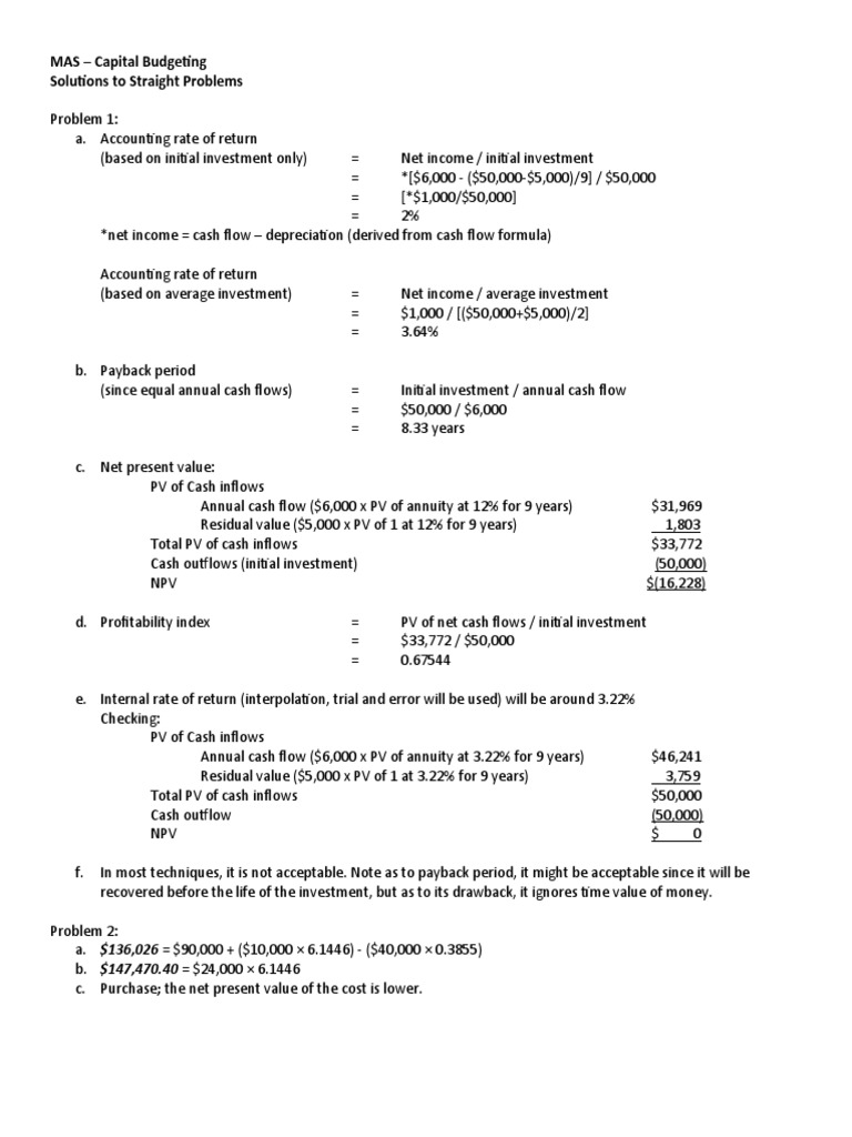 MAS Solution Straight Prob Capital Budgeting | PDF | Net Present Value ...