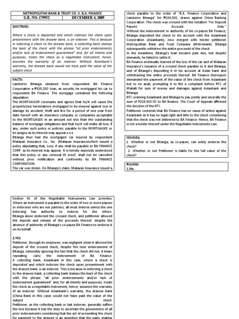 Metropolitan Bank & Trust Co. v. B.A. Finance | PDF | Cheque | Banks