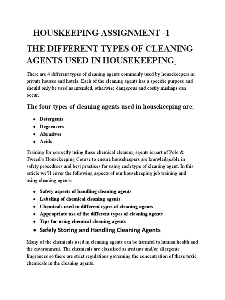 Houskeeping Assignment 1 | PDF | Abrasive | Chemical Substances