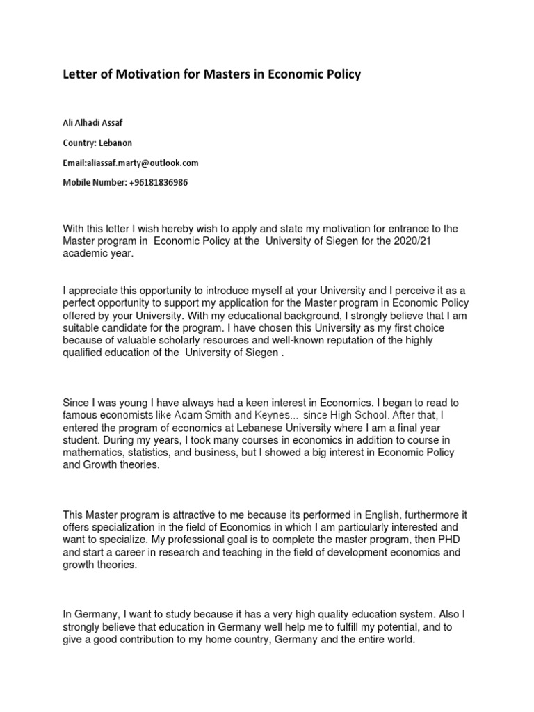 Letter of Motivation For Masters in Economics PDF | PDF | Business