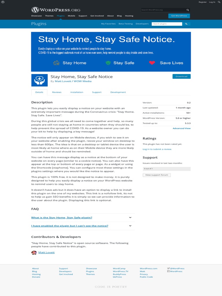 Stay Home, Stay Safe Notice - WordPress Plugin | PDF | Word Press ...