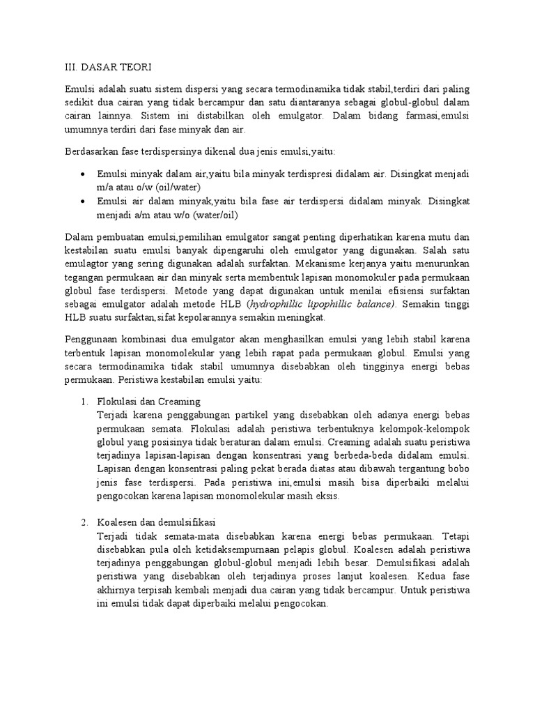 Teori Emulsi: Stabilitas dan Emulgator | PDF