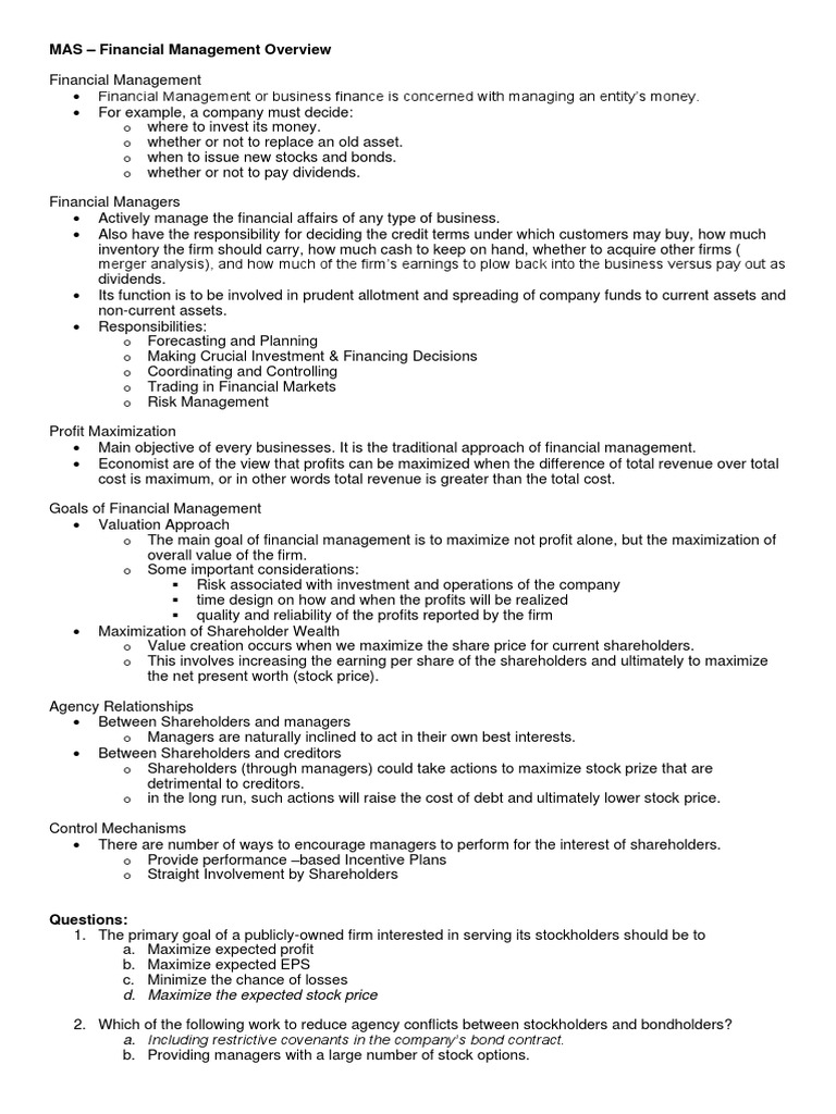 MAS Handout - Overview of Financial Management | PDF | Stocks | Bonds ...