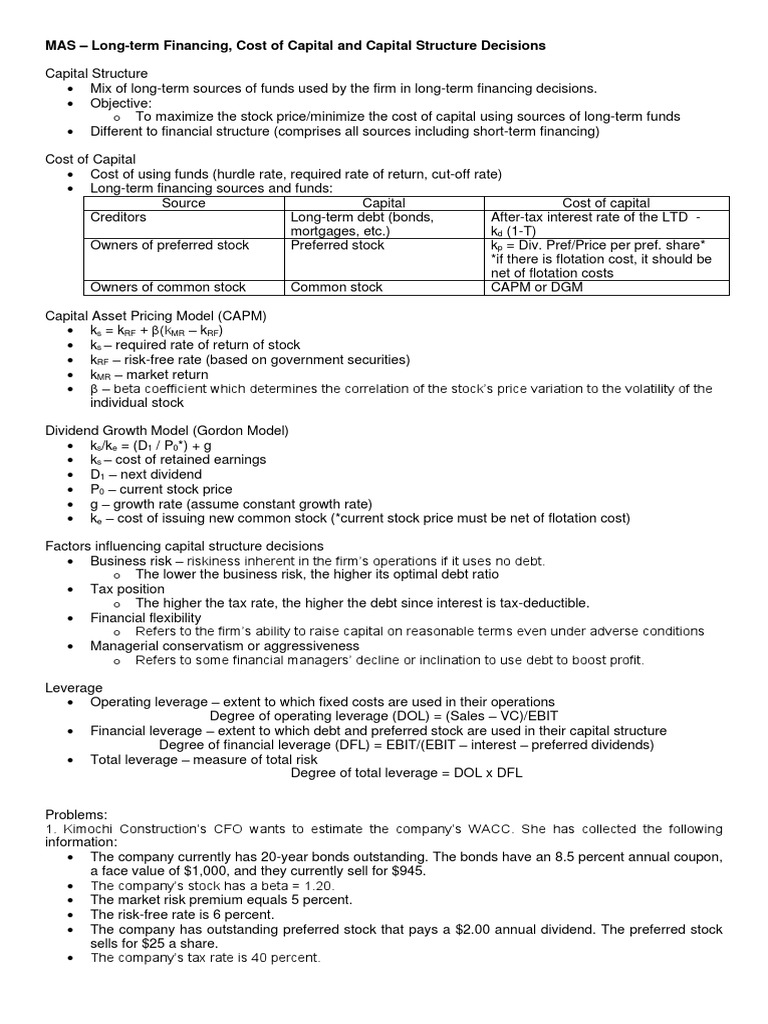 MAS Handout - Risk and Returns, Cost of Capital, Capital Structure and ...