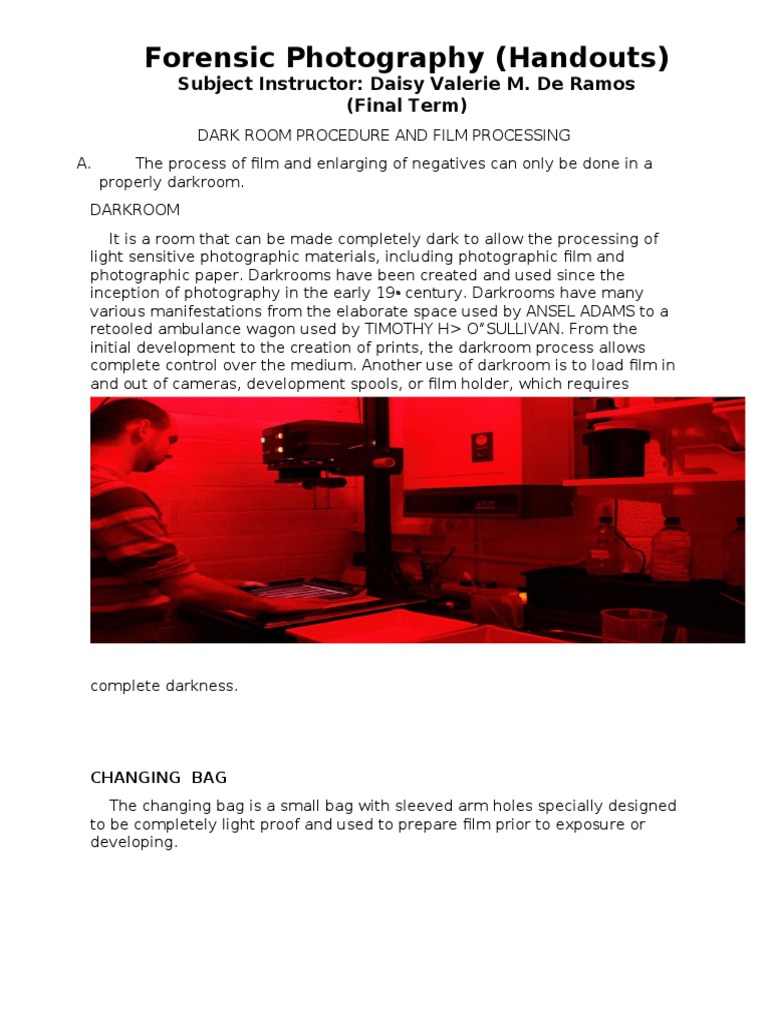 (DARK ROOM PROCEDURE AND FILM PROCESSING) Forensic Photography | PDF | Crafts | Photography ...
