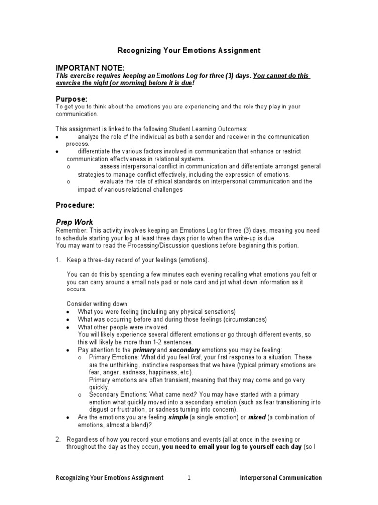 Recognizing Your Emotions Assignment Important Note | PDF | Emotions ...
