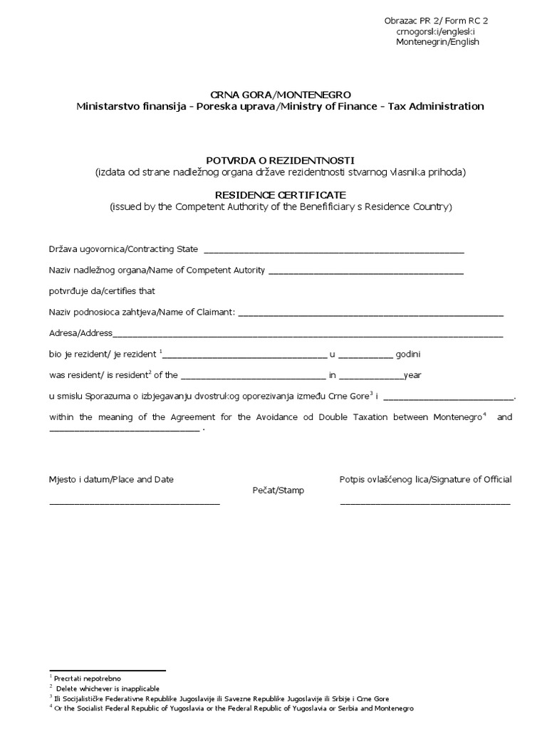 Obrazac PR2 - Potvrda o Rezidentnosti | PDF