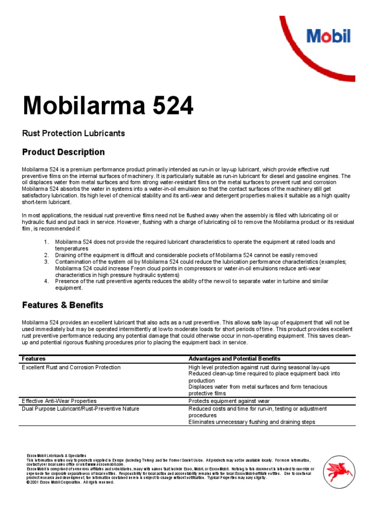 Mobilarma 524: Product Description | PDF | Exxon Mobil | Lubricant