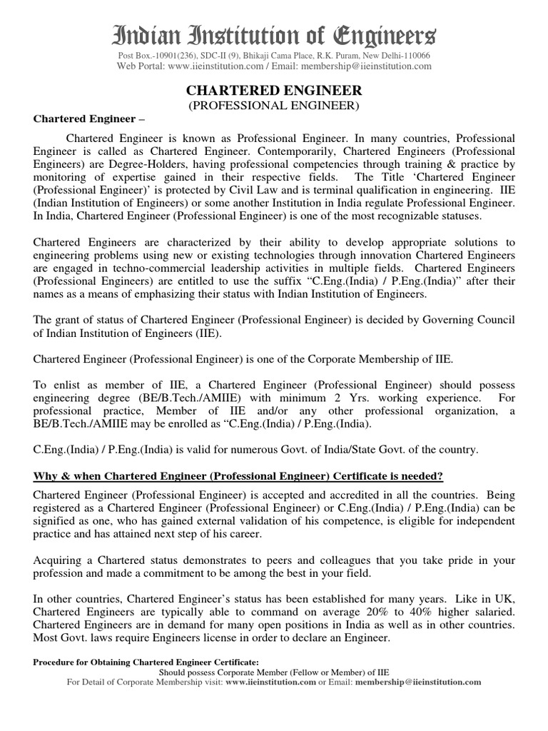 Indian Institution of Engineers: Chartered Engineer | PDF | Engineer ...