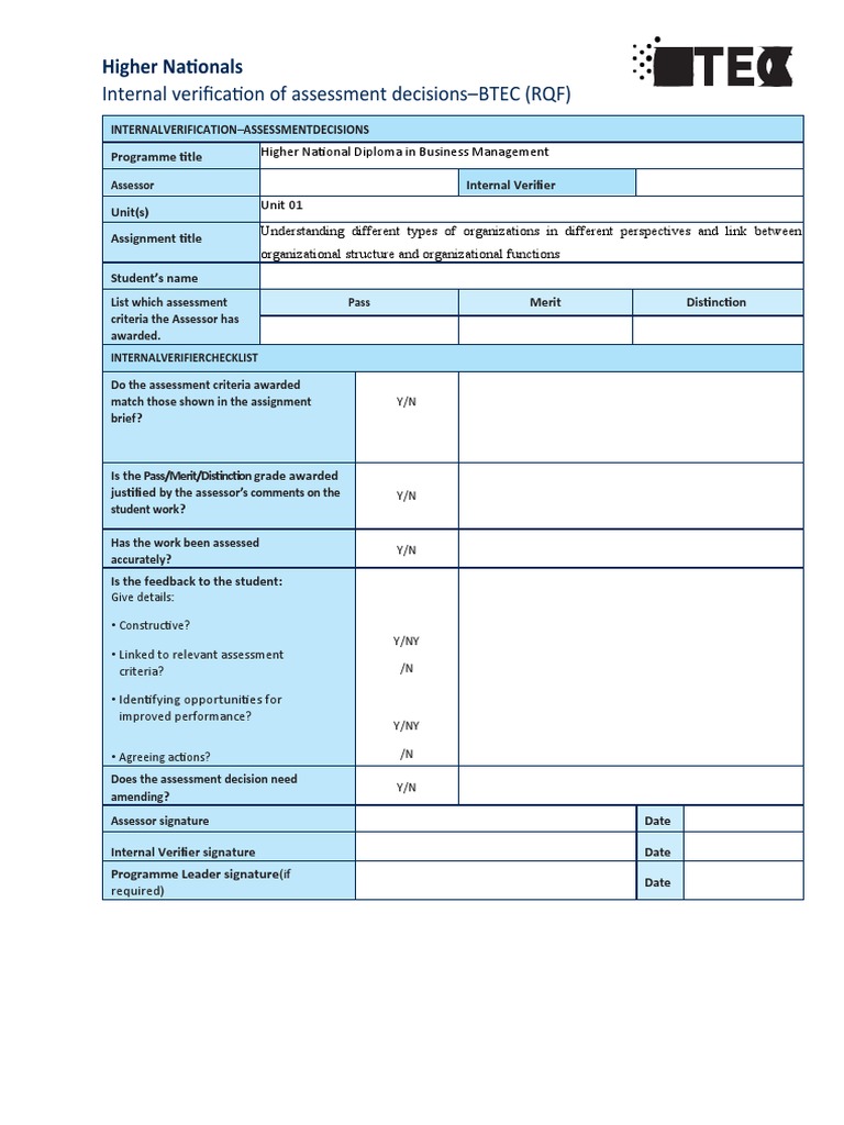 Internal Verification of Assessment decisions-BTEC (RQF) : Higher Nationals | PDF | Plagiarism ...