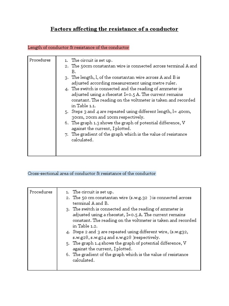 Factors Affecting Resistance of Conductor Physics Experiment | PDF ...