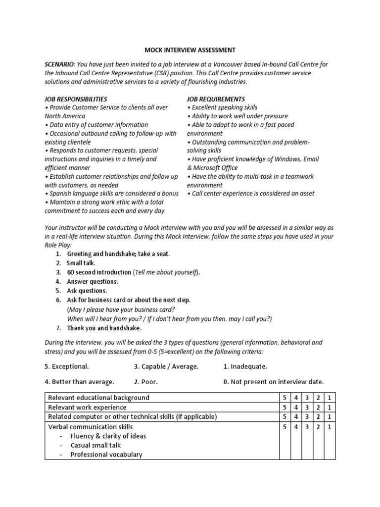 Mock Interview Assessment PDF | PDF | Call Centre | Question