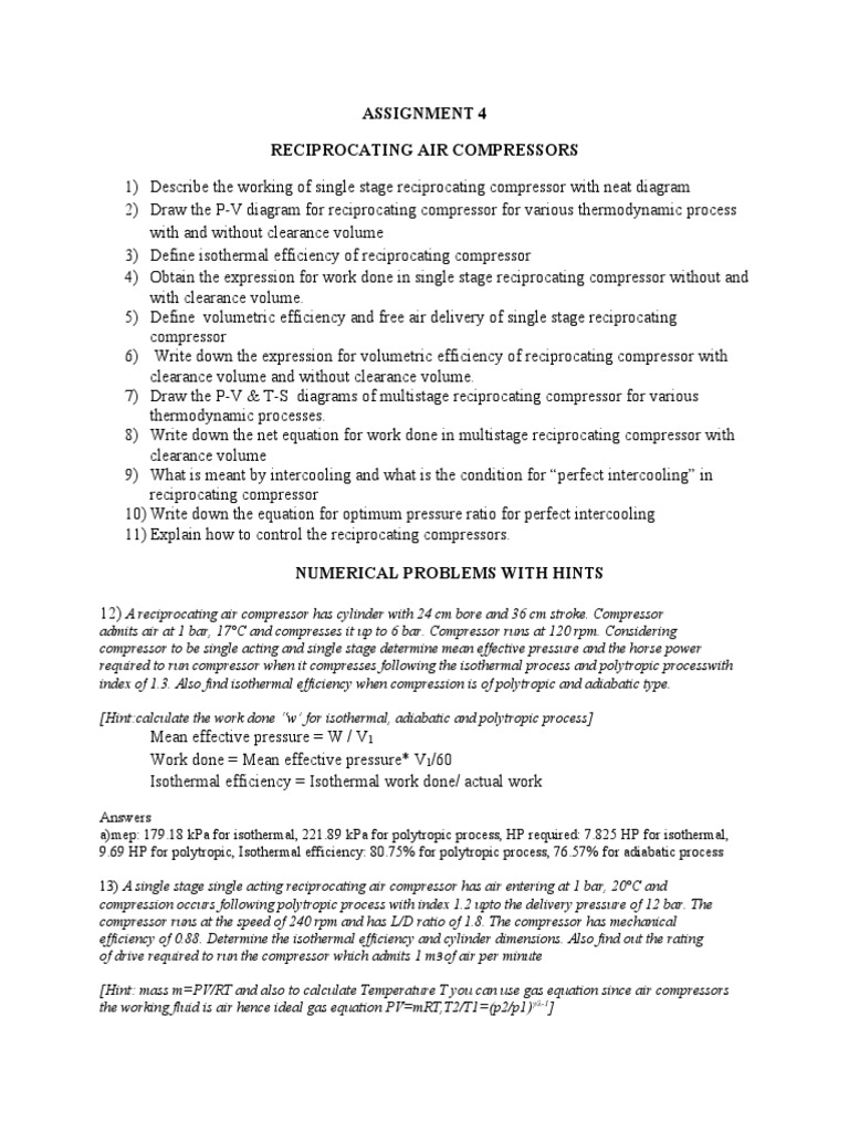 Assignment 4 Reciprocating Air Compressors | PDF | Internal Combustion ...