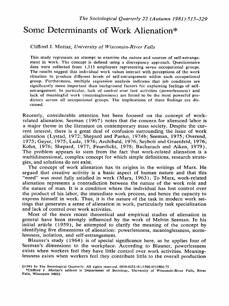 Some Determinants of Work Alienation | PDF | Social Alienation | Sociology