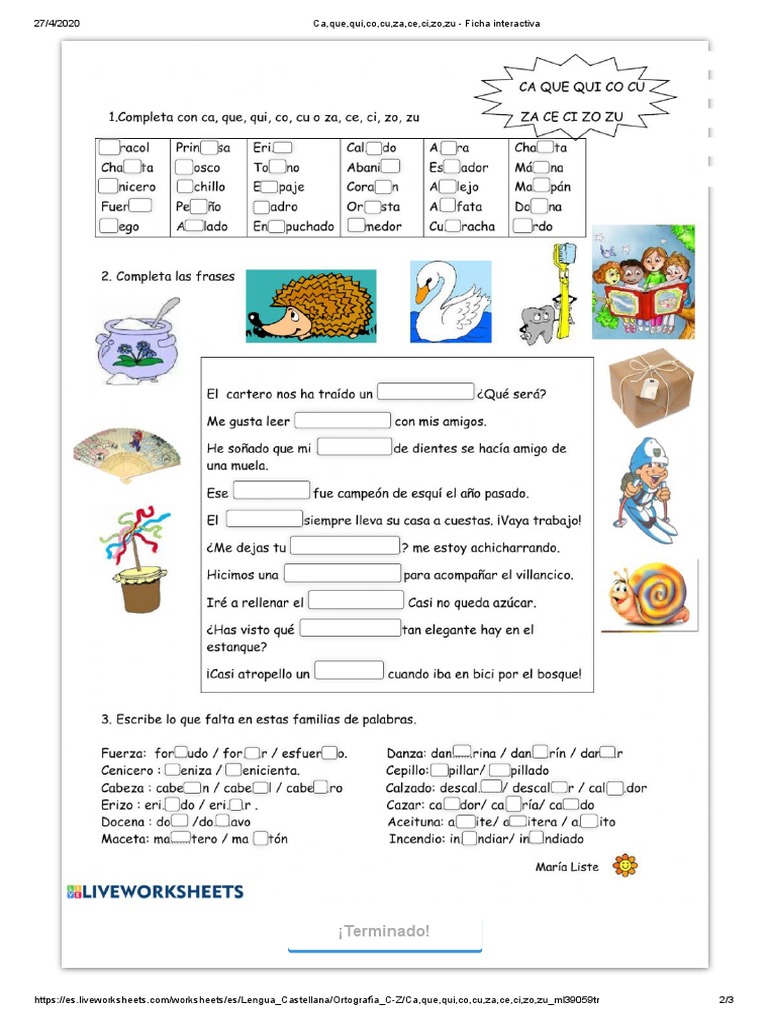 Ca, Que, Qui, Co, Cu, Za, Ce, Ci, Zo, Zu - Ficha Interactiva PDF | PDF