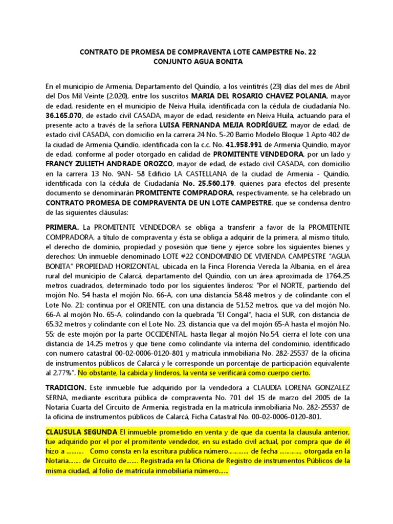 Contrato de Promesa de Compraventa Lote Campestre Corregido | PDF | Conceptos legales | Derecho ...