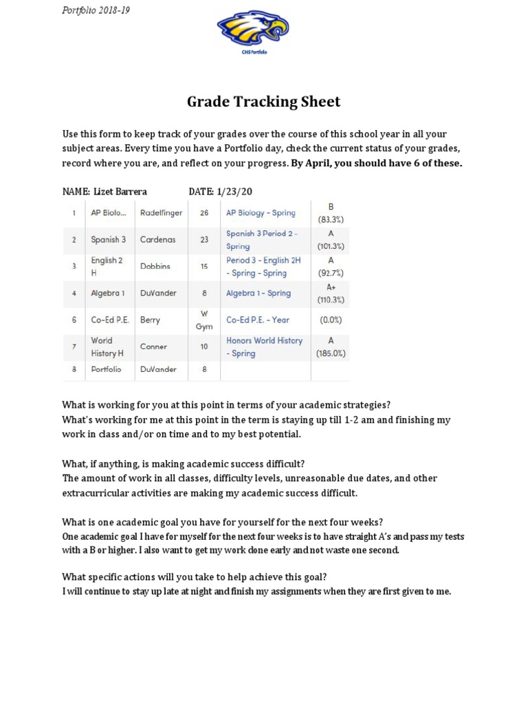 1 23 20 Grade Tracking Sheet | PDF