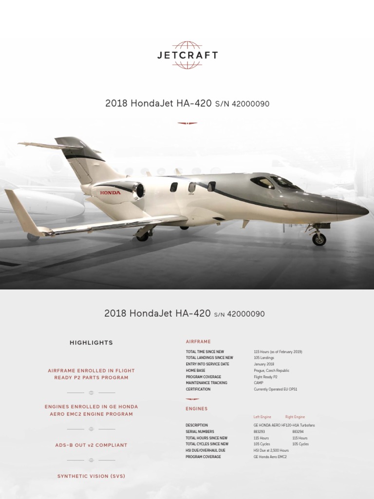2018 HondaJet HA 420 SN 42000090 Available Through Jetcraft 1 PDF | PDF ...