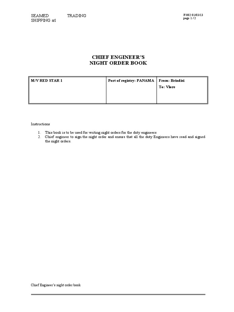 F-082 Chief Engineer's Night Order Book | PDF | Water Transport | Ships
