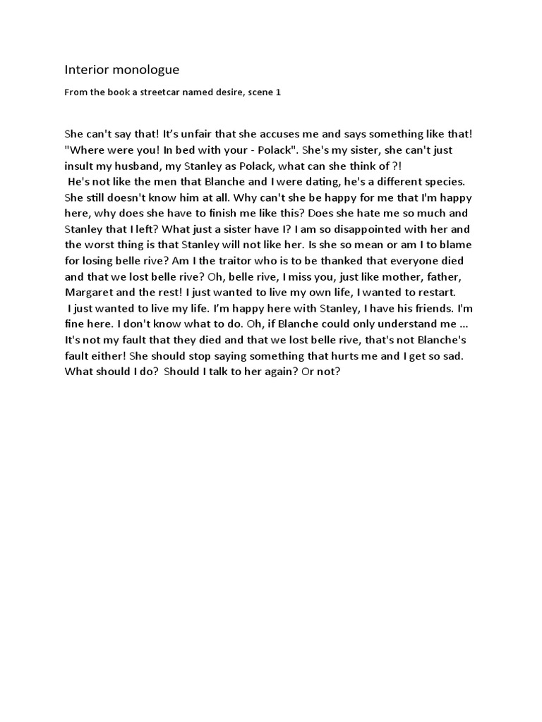 Interior Monologue: From The Book A Streetcar Named Desire, Scene 1 | PDF