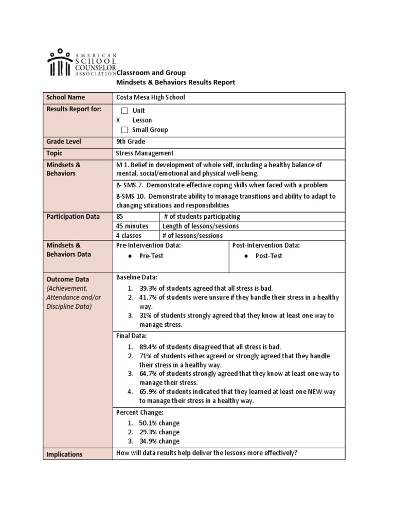 Stress Management Classroom Asca Results Report | PDF | Mindset ...