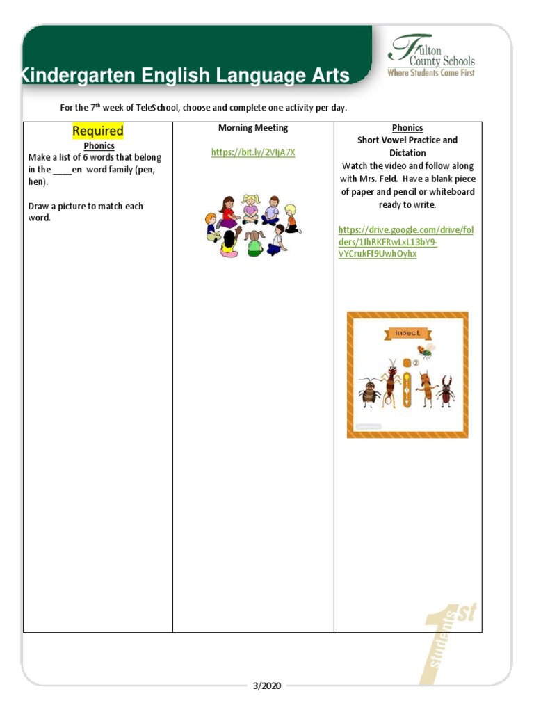 Kindergarten TeleSchool Week 7 Activities | PDF | Phonics | Cognition
