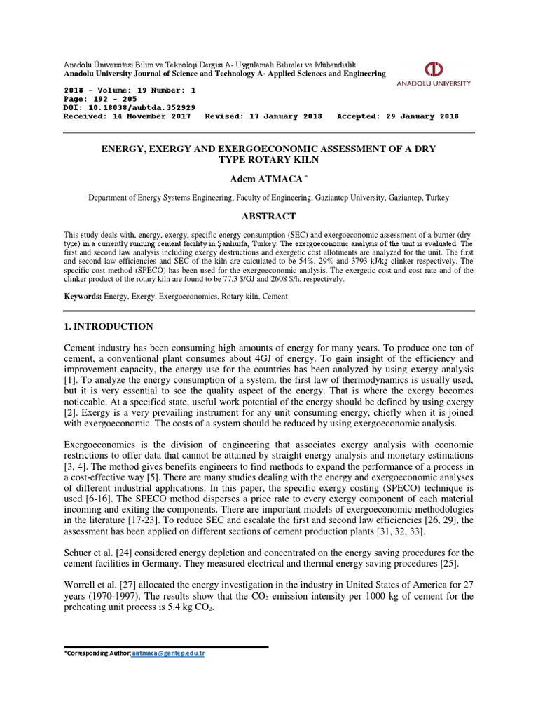 Energy, Exergy and Exergoeconomic Assessment of A Dry Type Rotary Kiln ...
