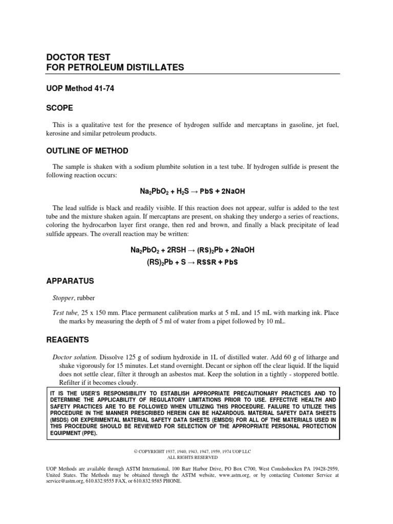 Doctor Test For Petroleum Distillates: UOP Method 41-74 Scope | PDF ...