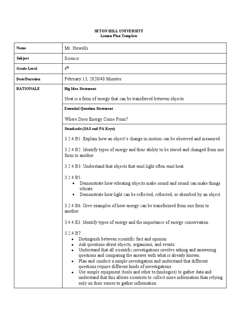 Seton Hill University Lesson Plan Template Name Subject Grade Level ...