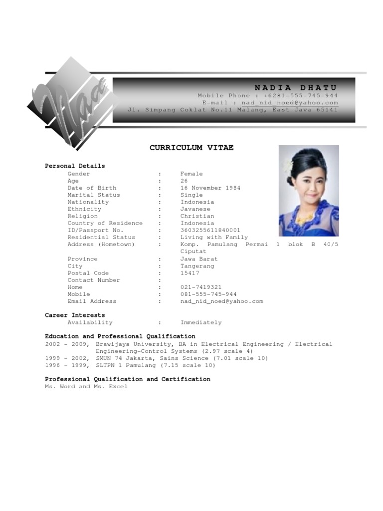 CV Nadia Dhatu | PDF