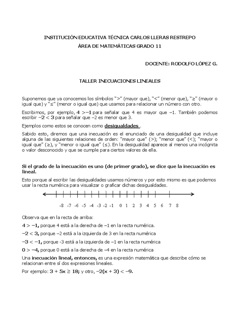 Taller Inecuaciones Lineales PDF | PDF | Intervalo (Matemáticas) | Desigualdad (Matemáticas)