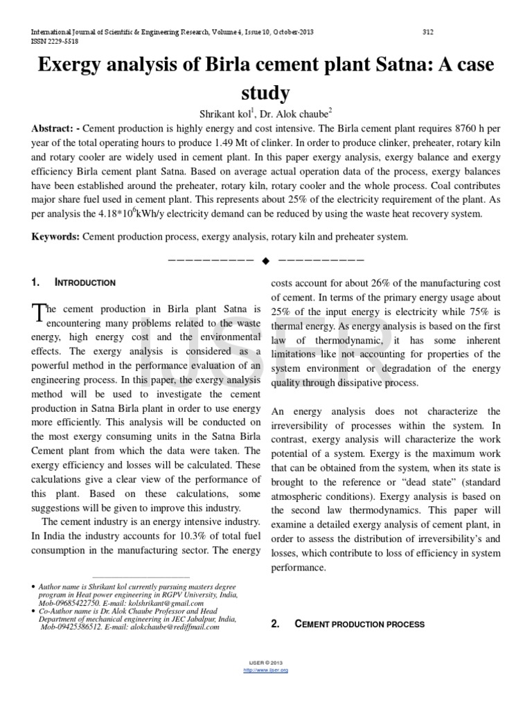 Exergy Analysis of Birla Cement Plant Satna A Case Study | PDF | Exergy ...