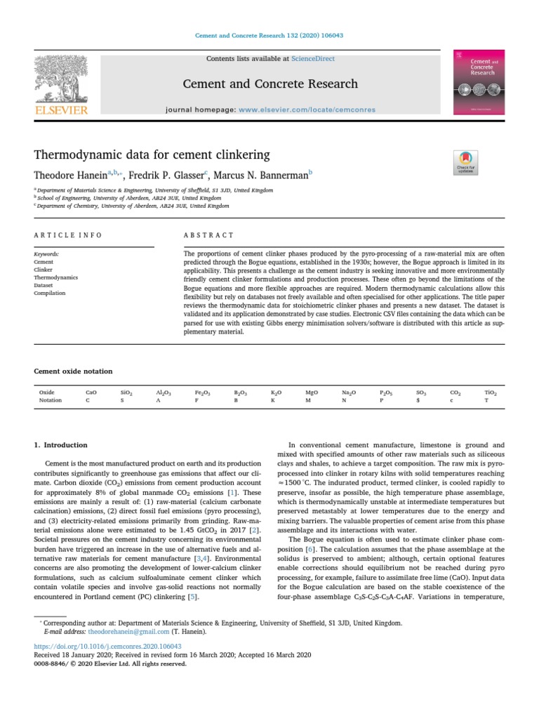 Cement and Concrete Research: Theodore Hanein, Fredrik P. Glasser ...
