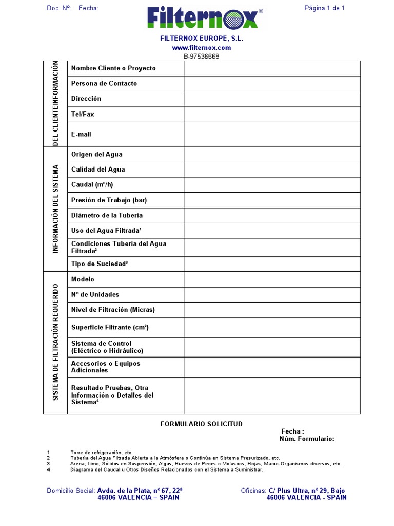 Filternox Application Form ES | PDF | Filtración | Agua