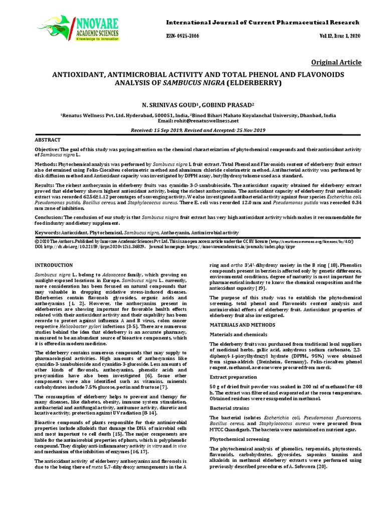 ANTIOXIDANT, ANTIMICROBIAL ACTIVITY AND TOTAL PHENOL AND FLAVONOIDS Analisis of Sambucus Nigra ...