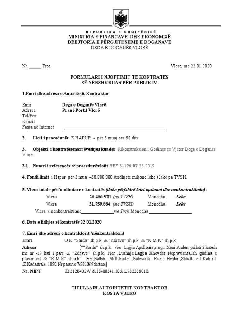 Formular I Njoftimit Te Kontrates Se Nenshkruar | PDF