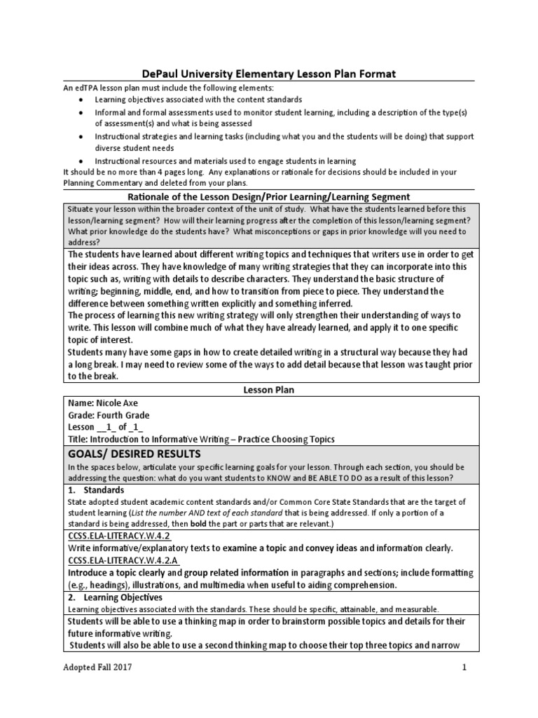 Elementary Lesson Plan Edtpa 4 | PDF | Lesson Plan | Brainstorming