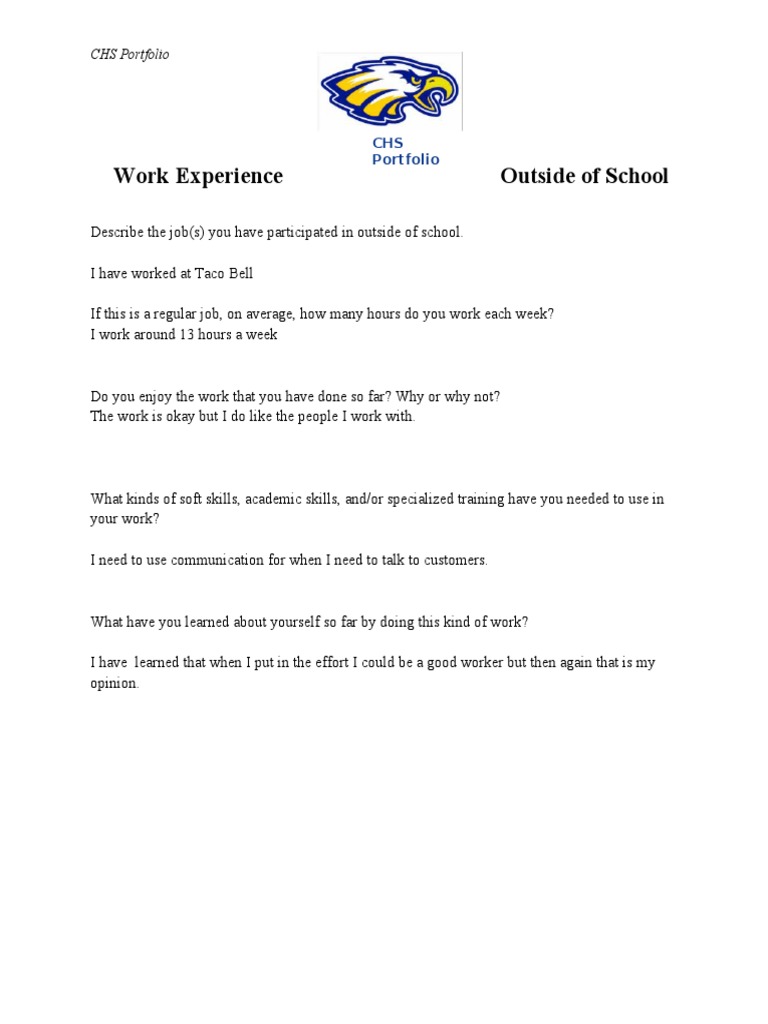 CHS Portfolio: Work Experience Overview | PDF | Self-Improvement