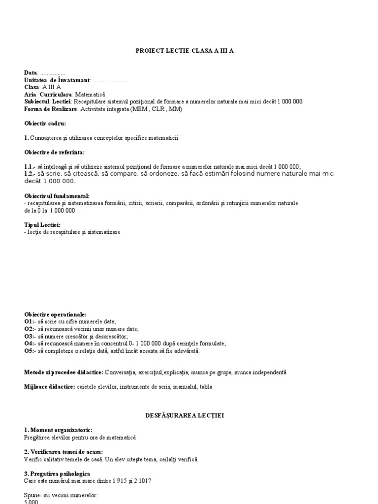 Plan de Lectie Matematica Clasa A 3a | PDF