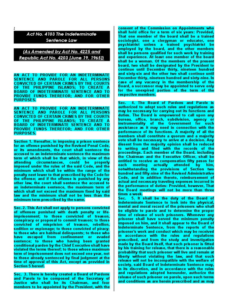 Indeterminate Sentence Law (Act No. 4103 As Amended by Act No. 4225 ...