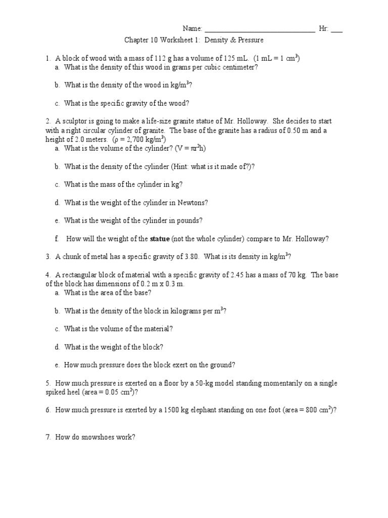 Hydrostatics Worksheet | PDF | Buoyancy | Pressure