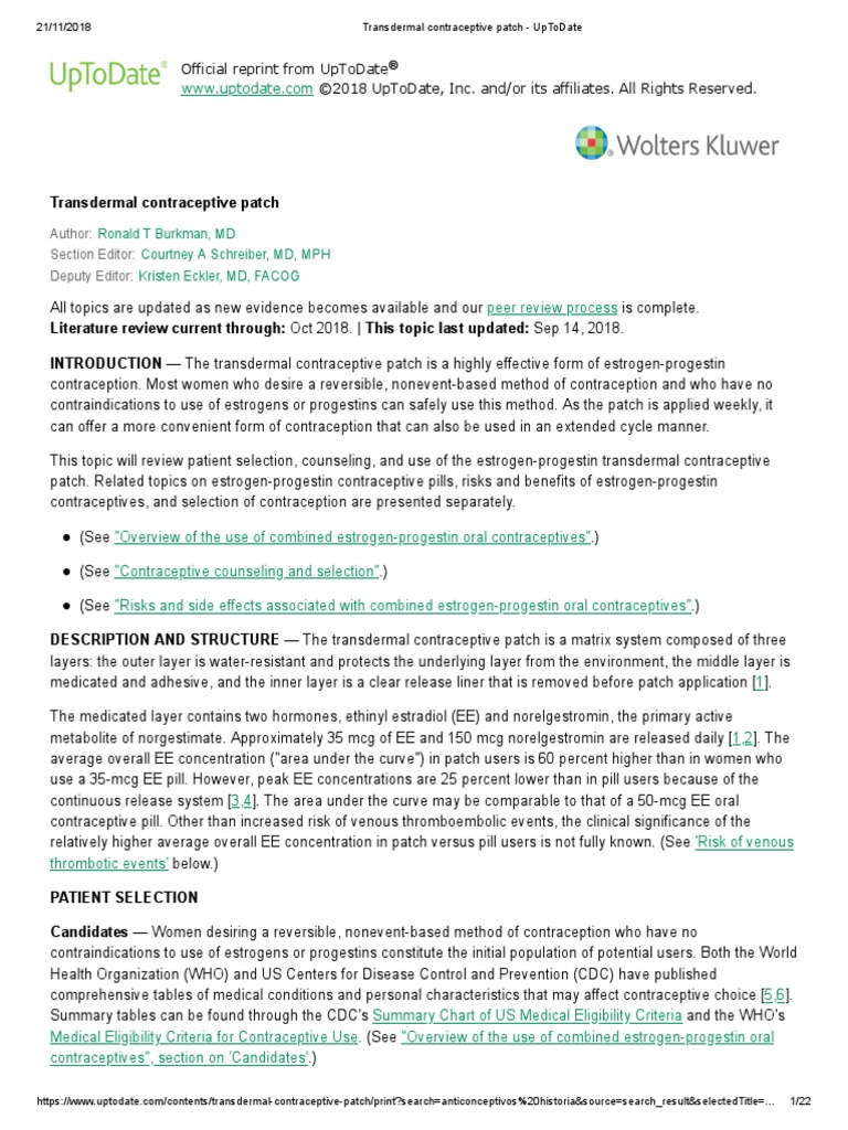 Transdermal Contraceptive Patch - UpToDate | PDF | Combined Oral ...