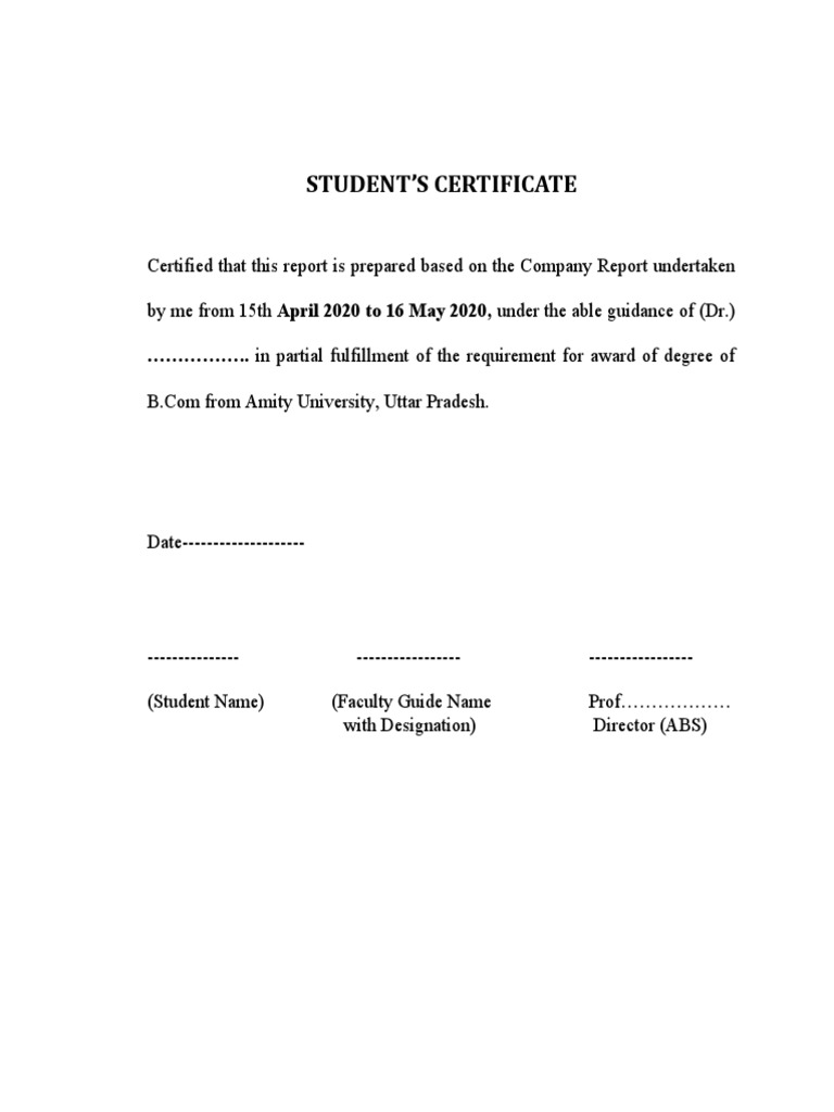 Student Certificate for B.Com Report | PDF