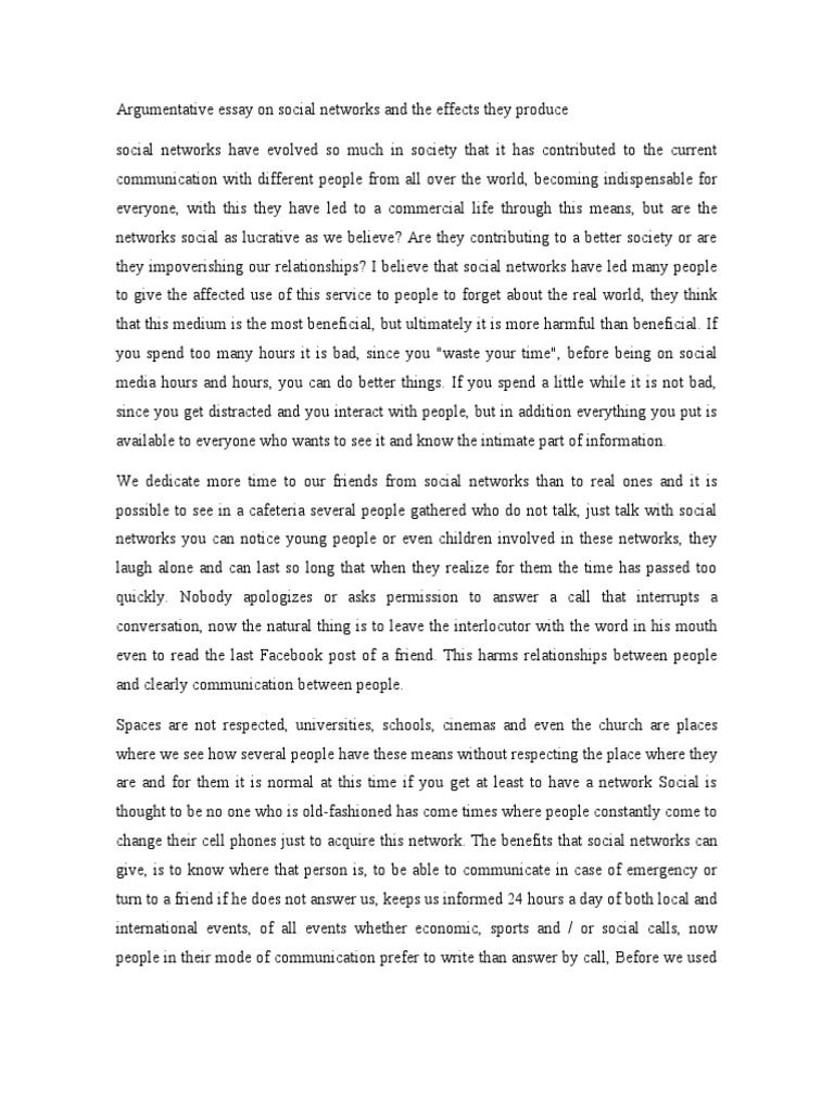 Argumentative Essay On Social Networks and The Effects They Produce ...