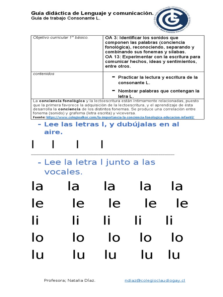 Aprendiendo la Consonante L en 1° Básico | PDF | Fonología | Escritura