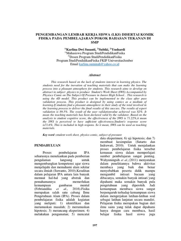 Pengembangan Lembar Kerja Siswa (LKS) Disertai Komik Fisika Pada Pembelajaran Pokok Bahasan ...