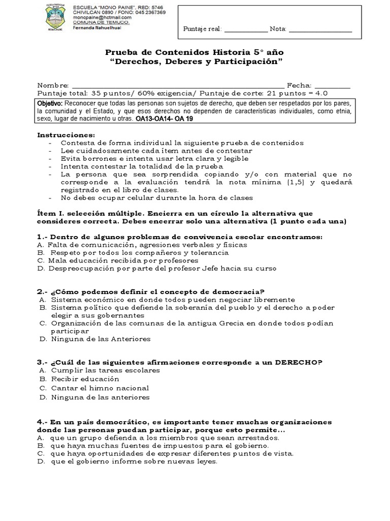 5° Año - Historia - Prueba - Historia y Actitudes Civicas | PDF ... 5° Año - Historia - Prueba - Historia y Actitudes Civicas | PDF ...