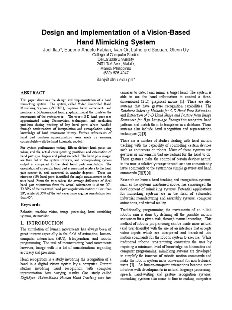 2008-PCSC-Vision Based Hand Mimicking | PDF | Robotics | Machines