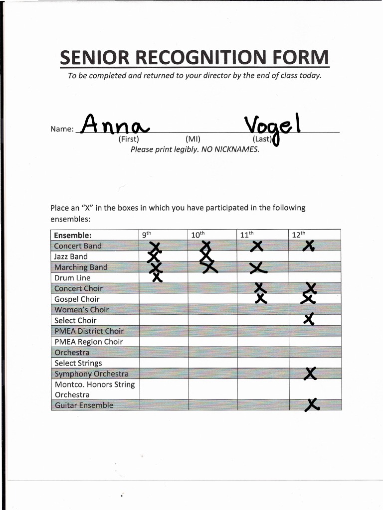Senior Recognition Form - Music Ensembles PDF | PDF